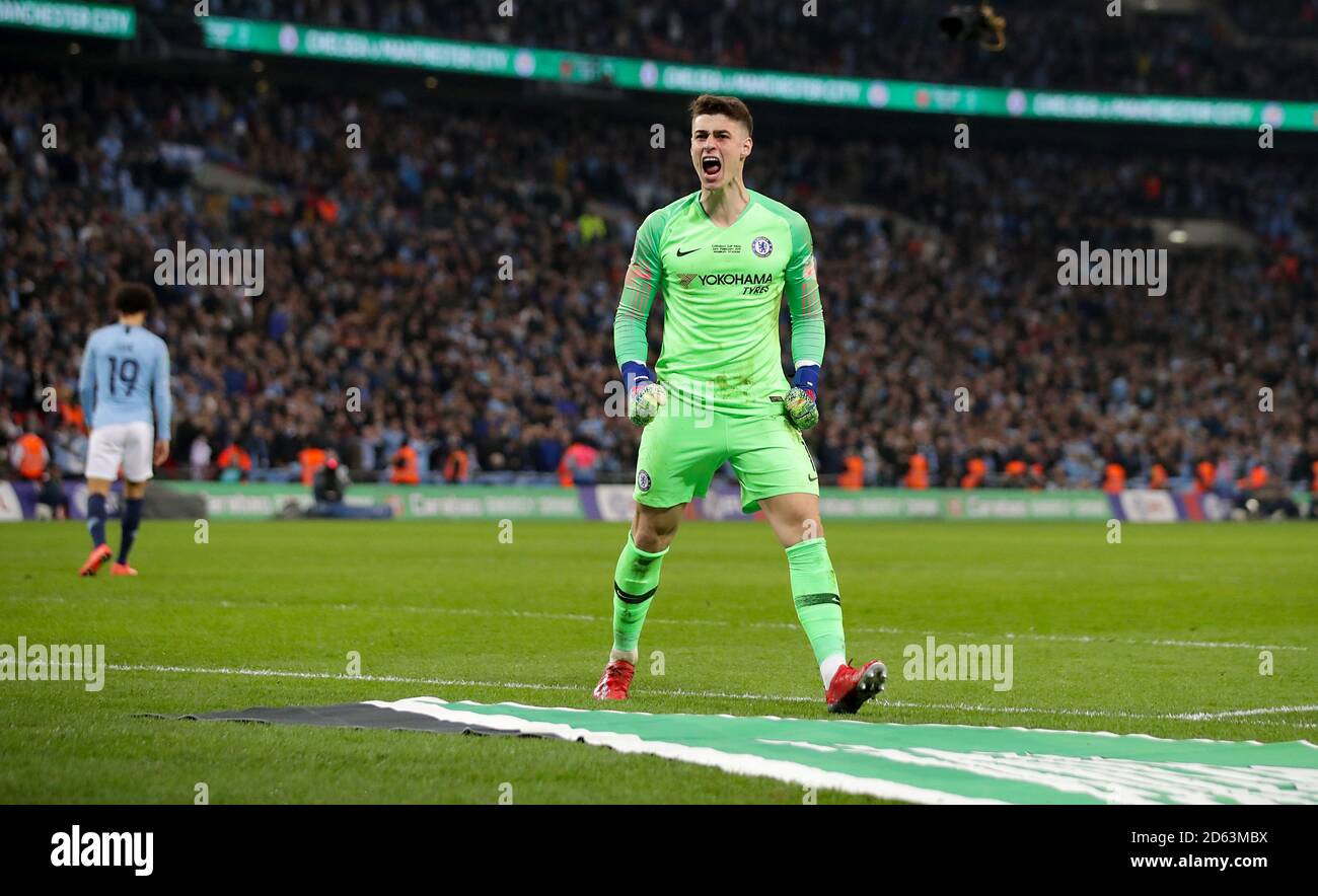Chelsea goalkeeper Kepa Arrizabalaga celebrates making a save against ...