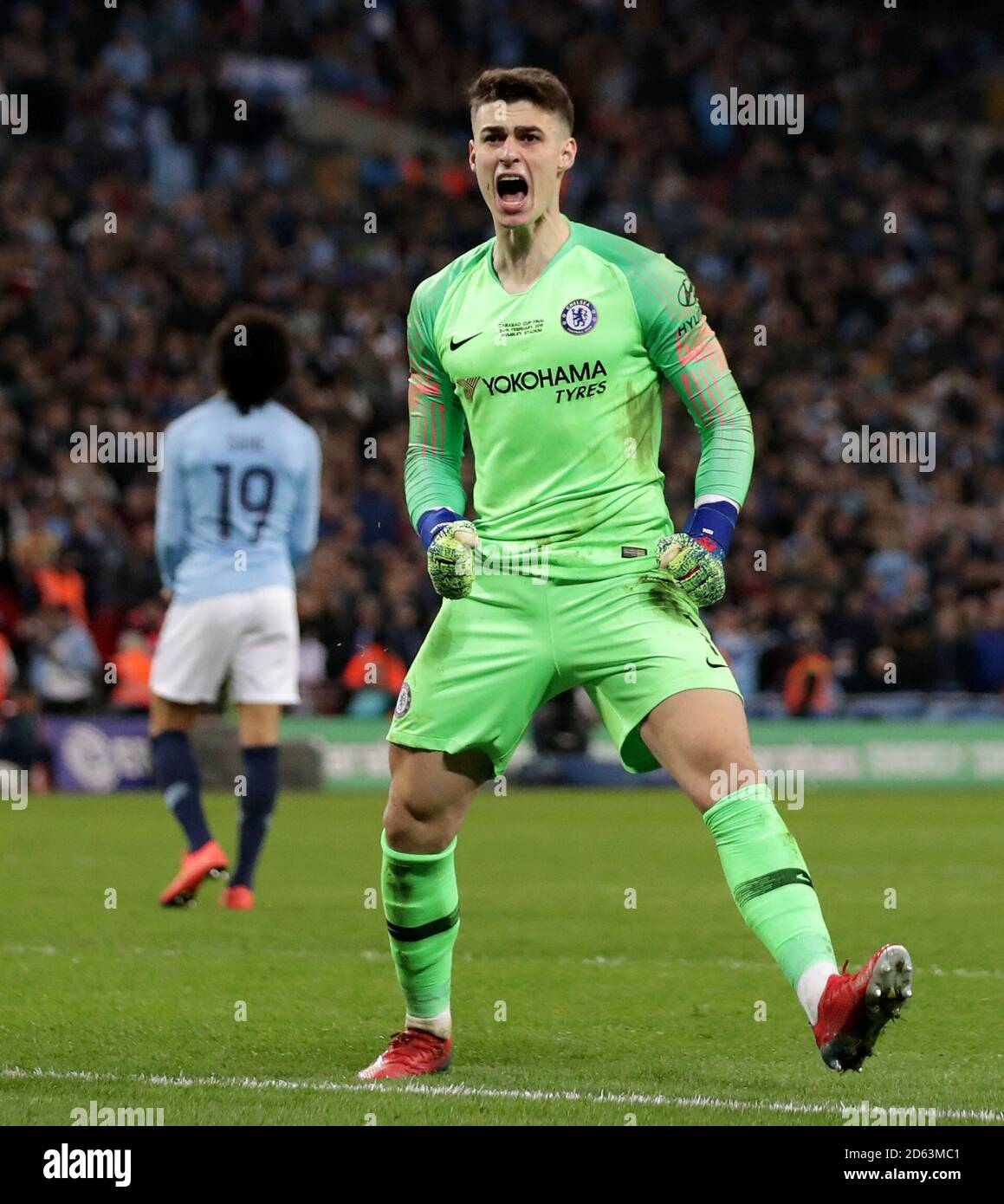 Chelsea goalkeeper Kepa Arrizabalaga celebrates making a save against ...
