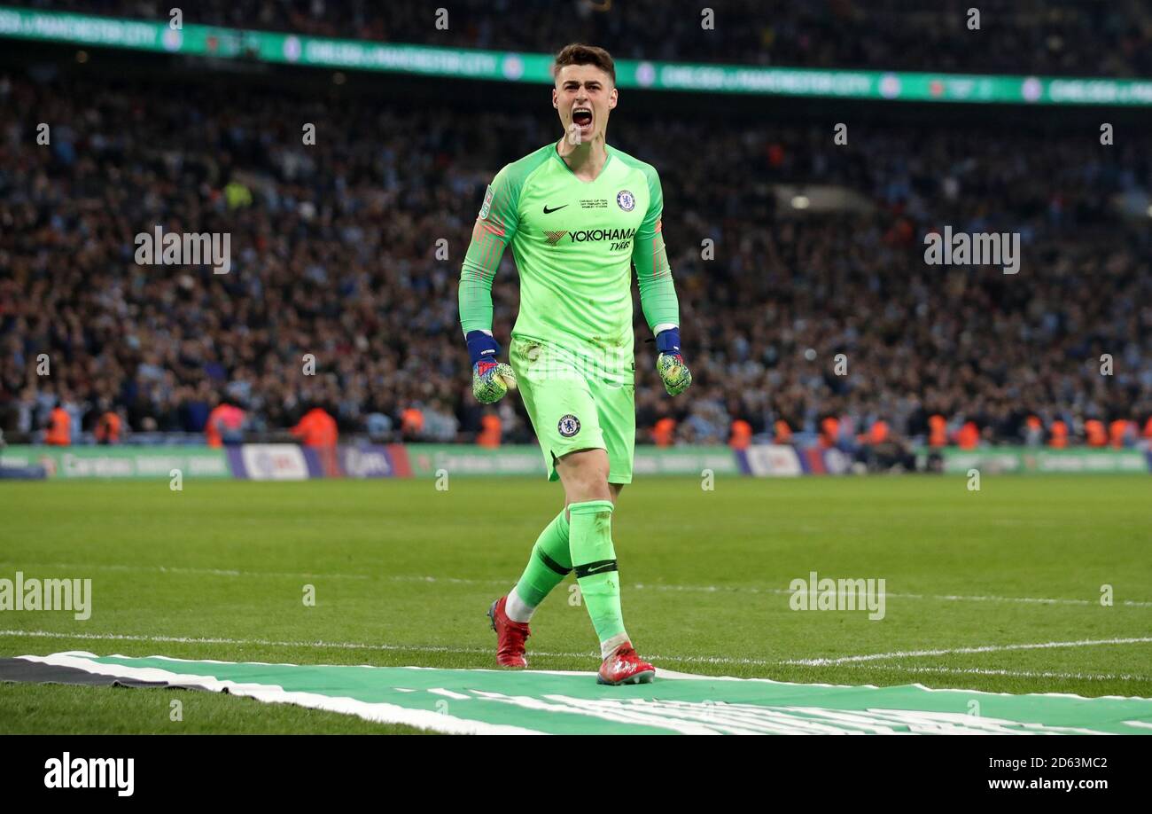 Chelsea goalkeeper Kepa Arrizabalaga celebrates making a save during ...