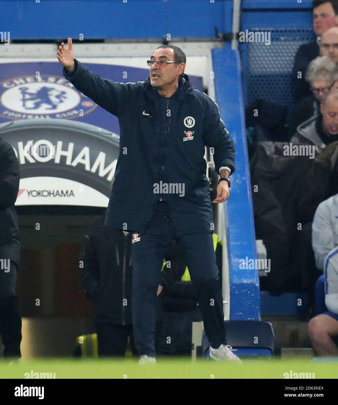 Chelsea manager Maurizio Sarri directs his team from the sideline Stock ...