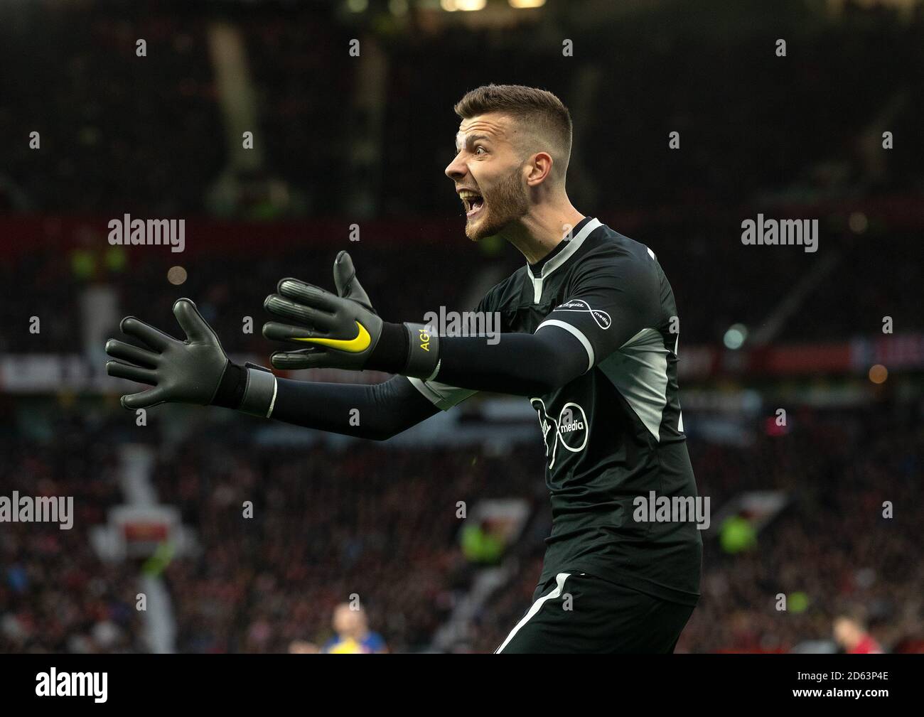 Southampton goalkeeper Angus Gunn screams at assistant referee Stock ...