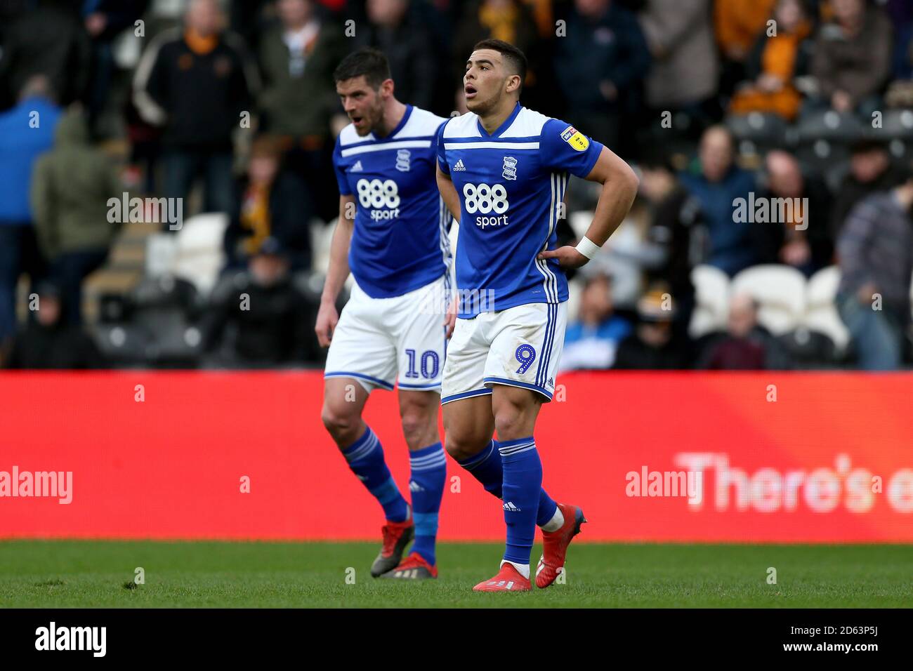 Birmingham City's Lukas Jutkiewicz (left) and Che Adams looks on during ...