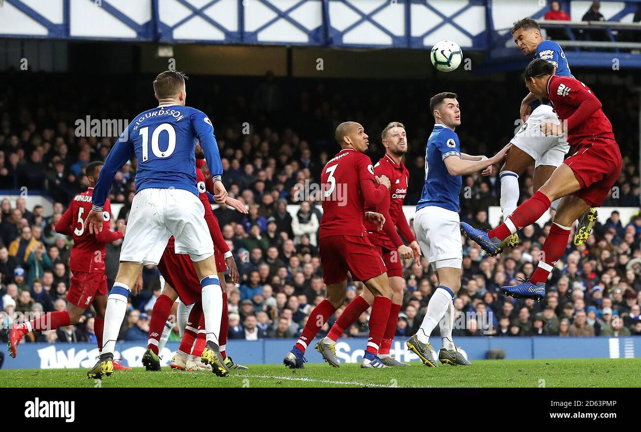Everton's Dominic Calvert-Lewin wins a header from Liverpool's Virgil ...