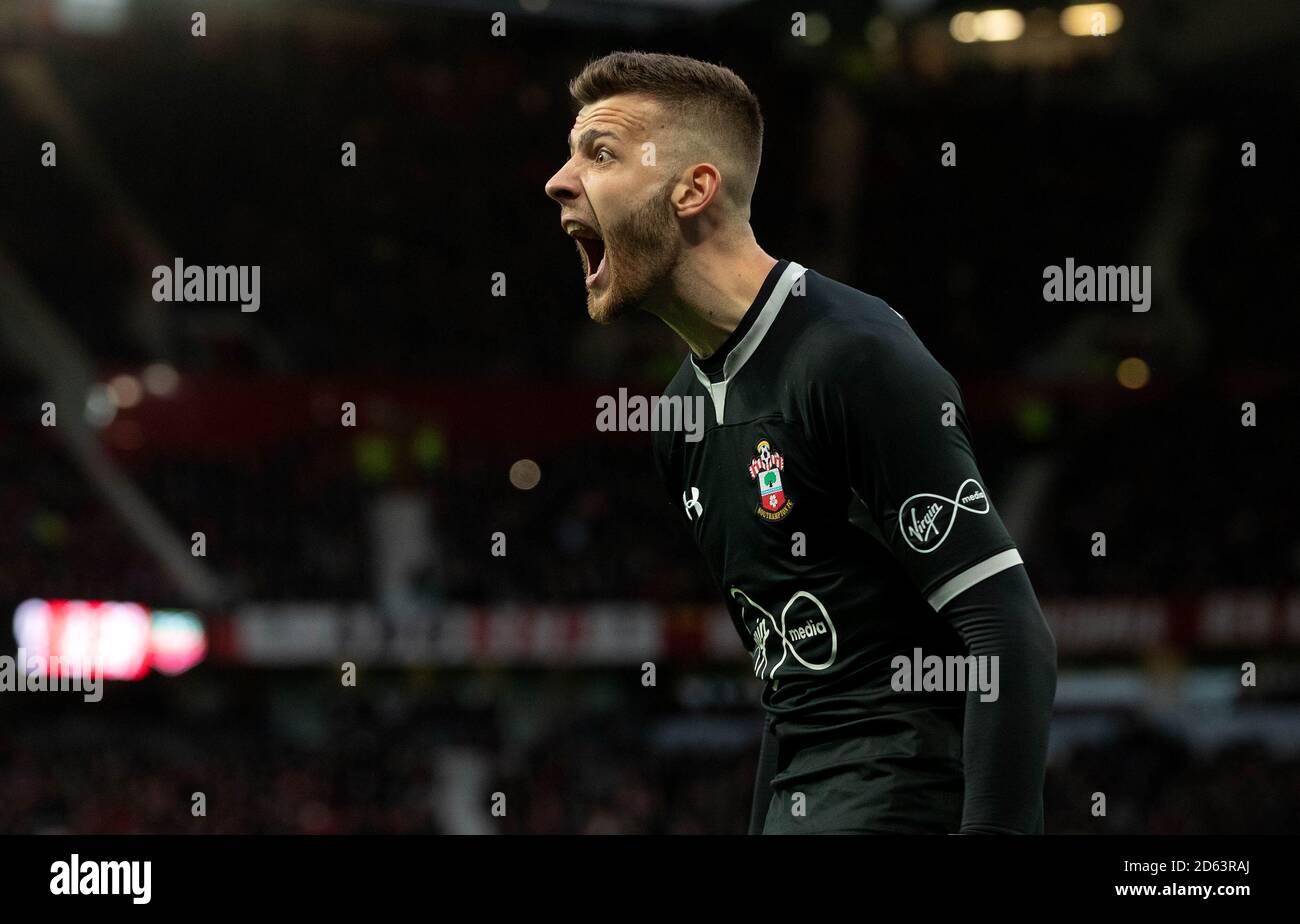 Southampton goalkeeper Angus Gunn screams at assistant referee Stock ...