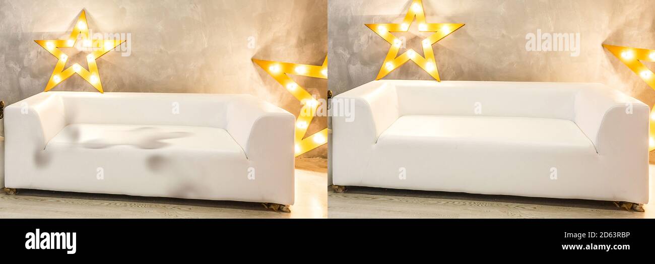 Leather clean and dirty sofa before and after. Home, service Stock ...