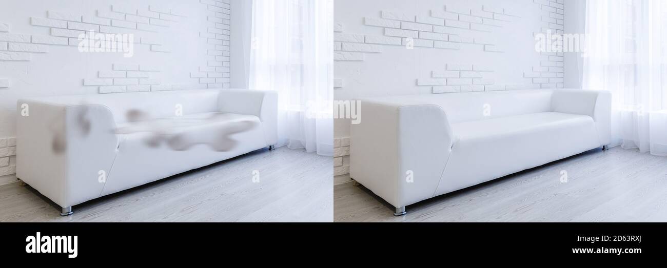 Leather clean and dirty sofa before and after. Dust, neatness Stock ...