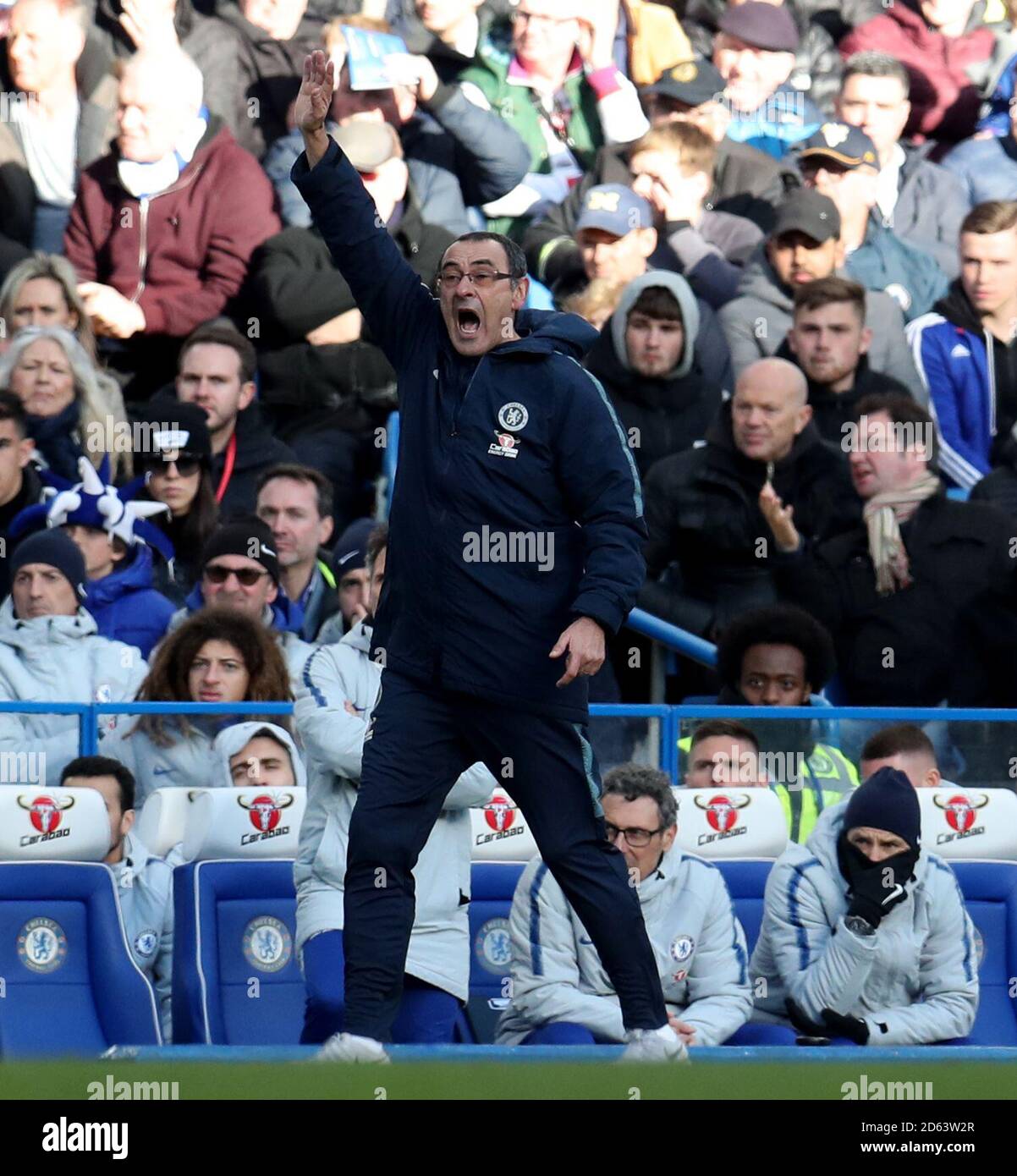 Chelsea manager Maurizio Sarri directs his team form the sidleline ...