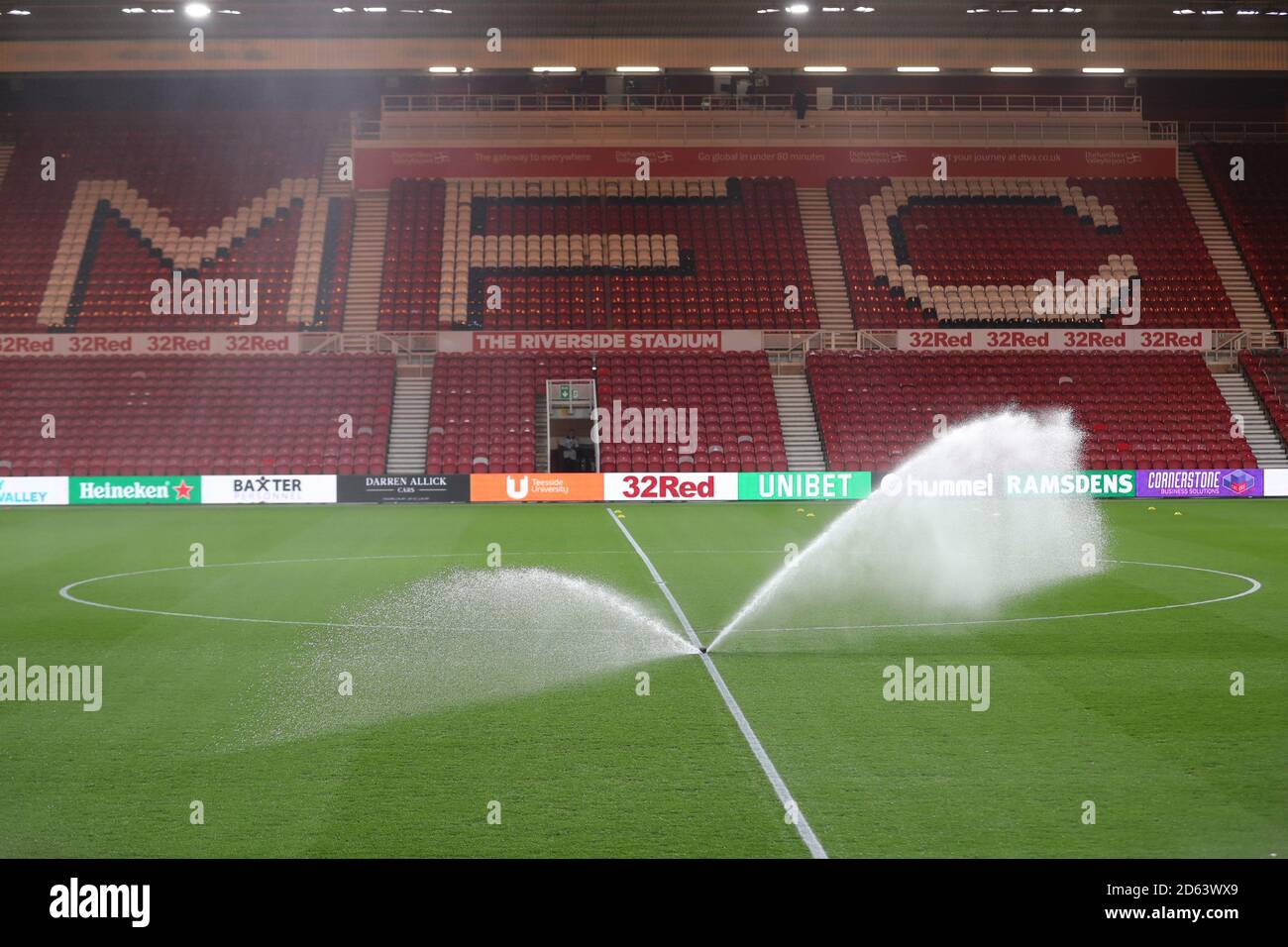 Watering the pitch at Middlesbrough's Riverside Football Stadium Stock ...