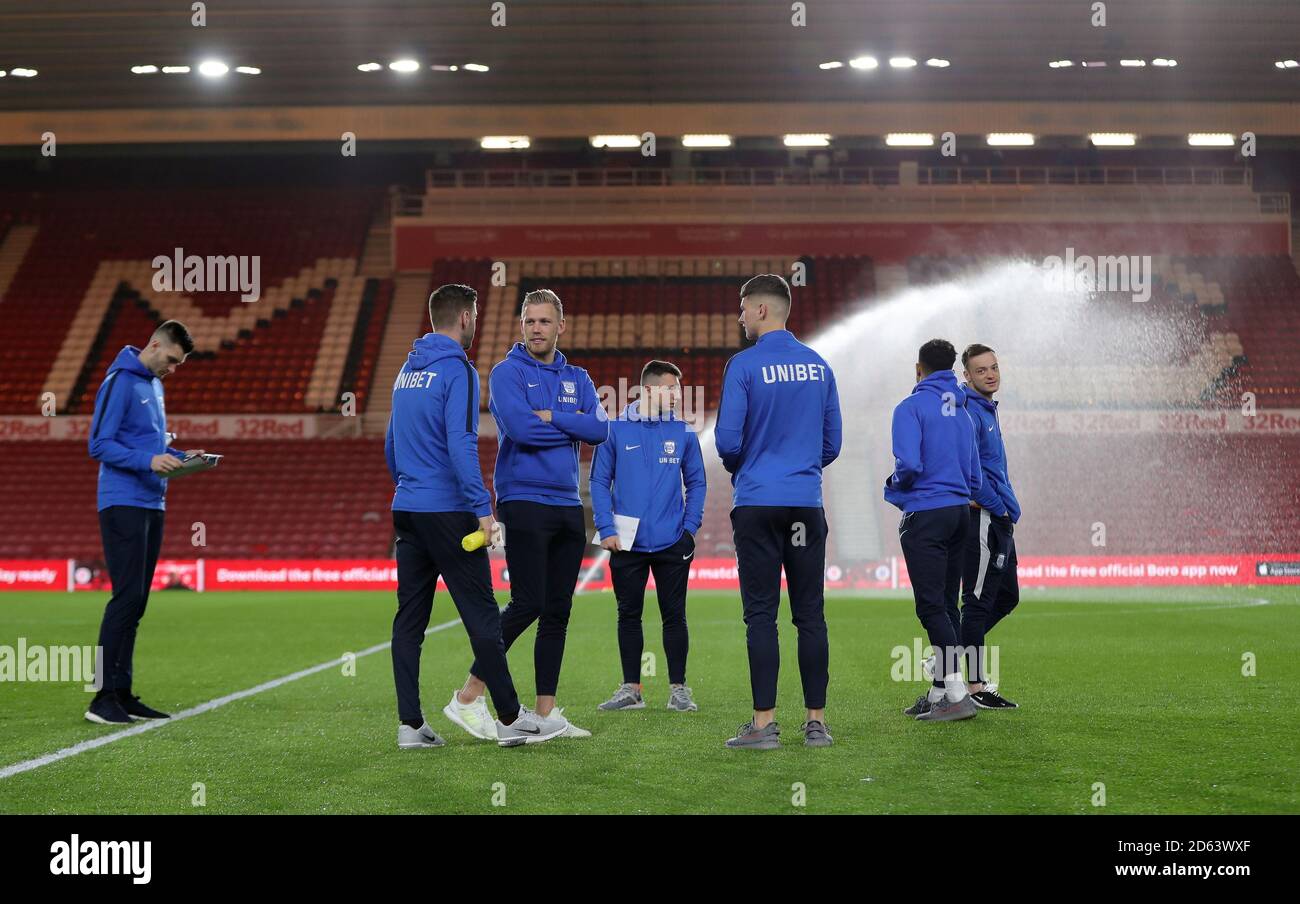 Preston players on the pitch at Middlesbrough's Riverside Football ...