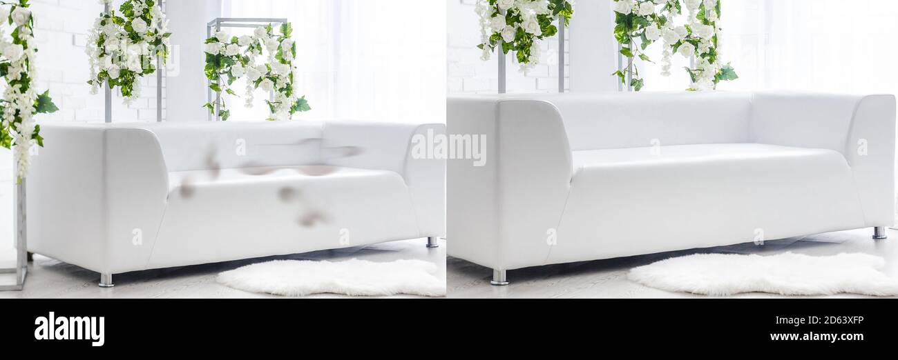 Leather clean and dirty sofa before and after. Dust, neatness Stock ...