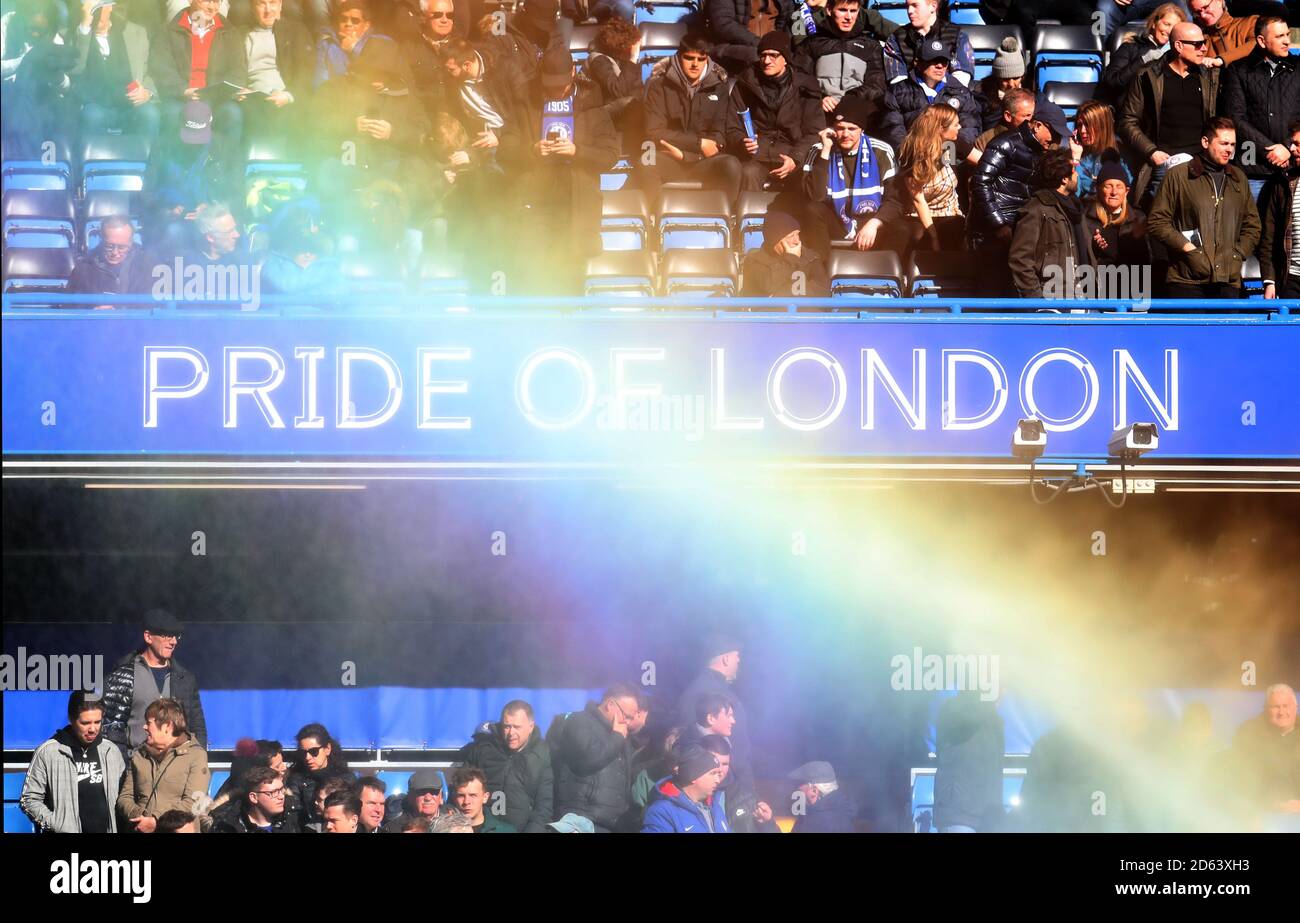 A rainbow in front of the Pride of London sign at Stamford Bridge Stock ...