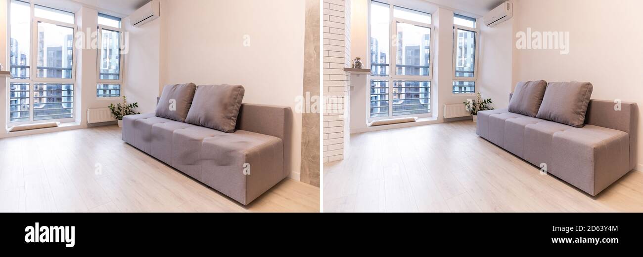 clean and dirty sofa before and after Stock Photo - Alamy