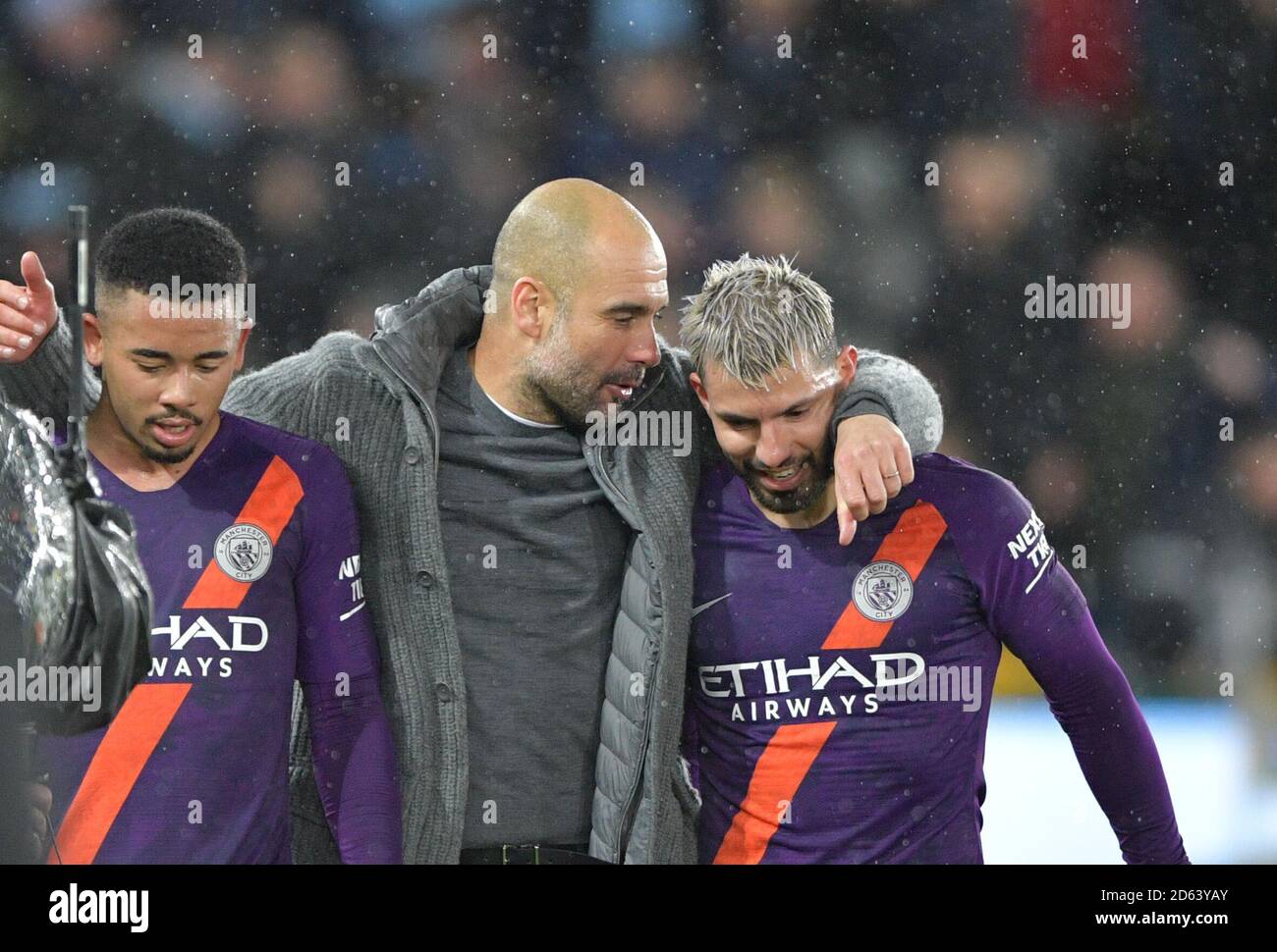 Manchester City manager Pep Guardiola celebrates with Gabriel Jesus and ...