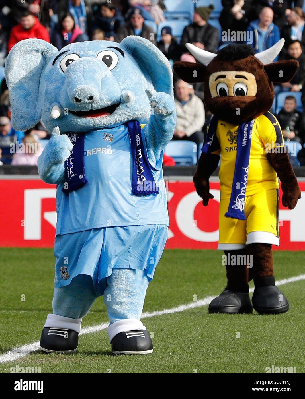 Coventry City mascot Sky Blue Sam and Oxford United mascot Olly the Ox ...