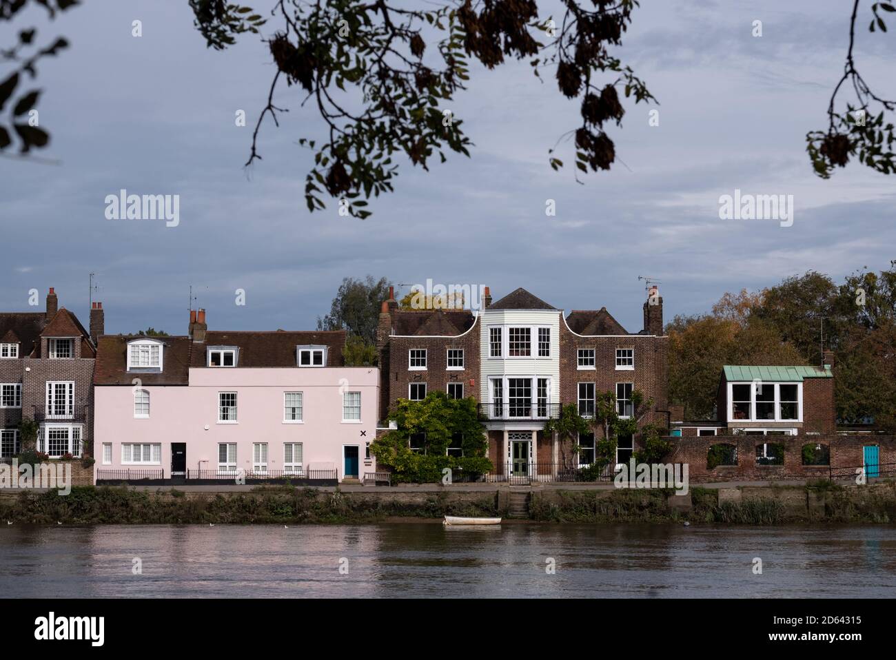Picturesque view looking north across the River Thames between Chiswick ...