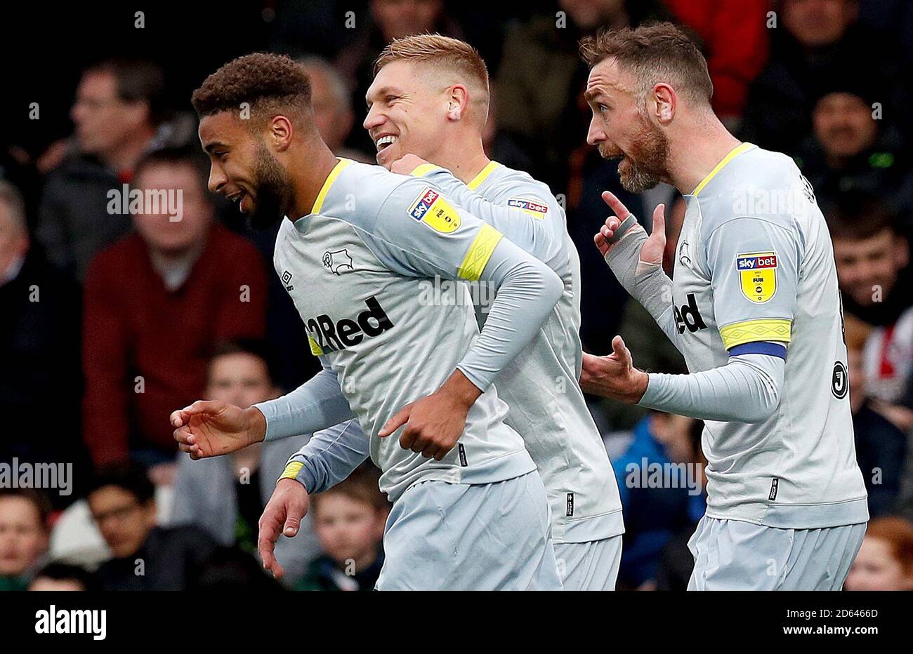 Derby County's Jayden Bogle (left) celebrates scoring his side's second ...