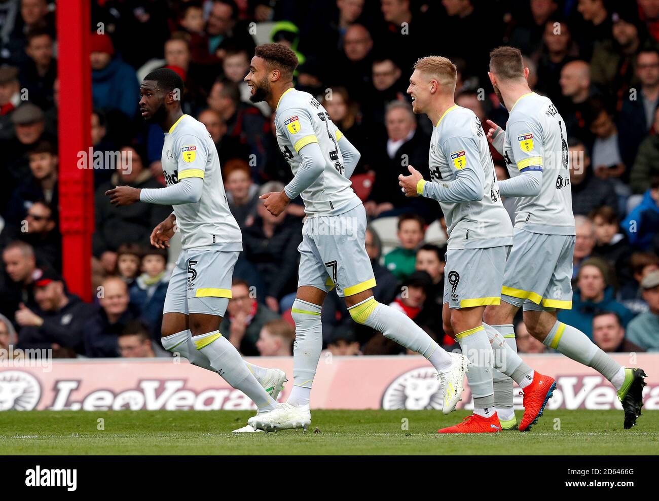 Derby County's Jayden Bogle (centre) celebrates scoring his side's ...