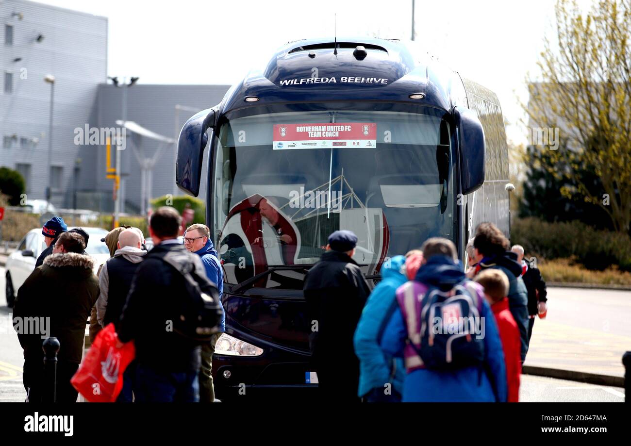 A general view of the Rotherham United team bus arriving at the stadium ...