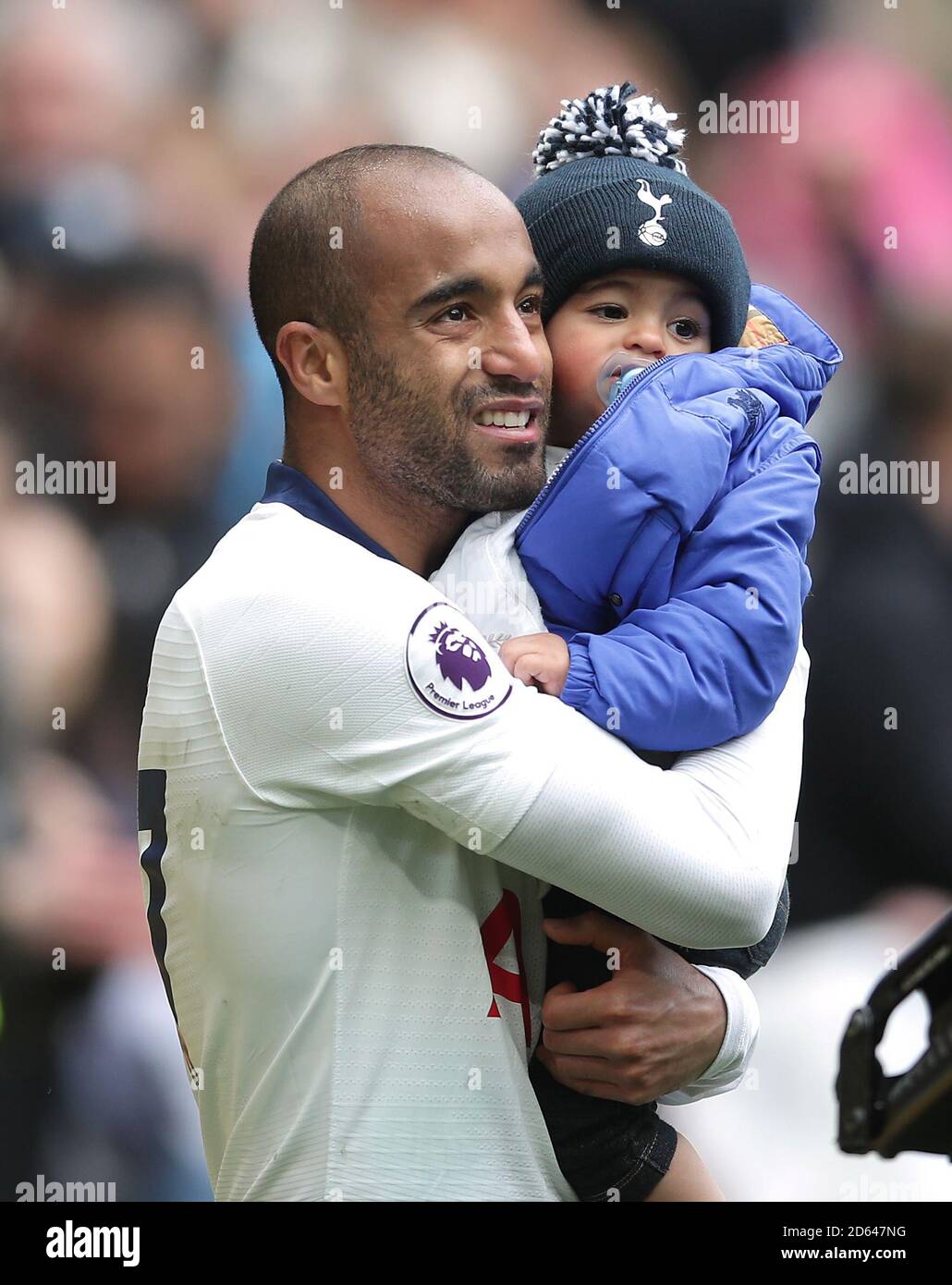 Tottenham Hotspur's Lucas Moura (left) celebrates with his son Miguel ...