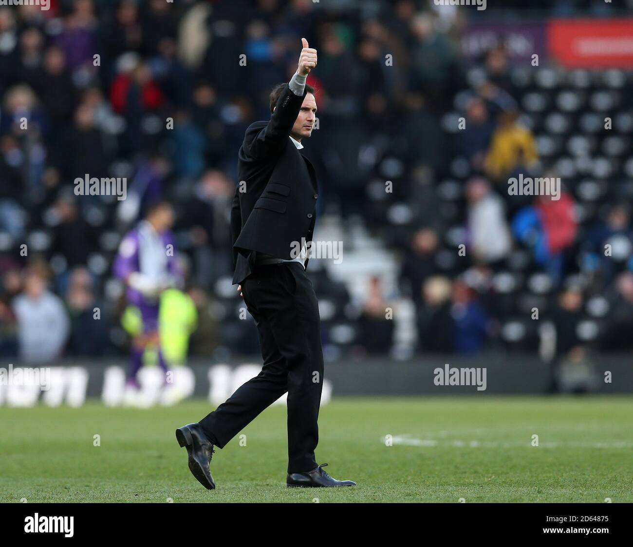 Derby County manager Frank Lampard celebrates after the final whistle ...
