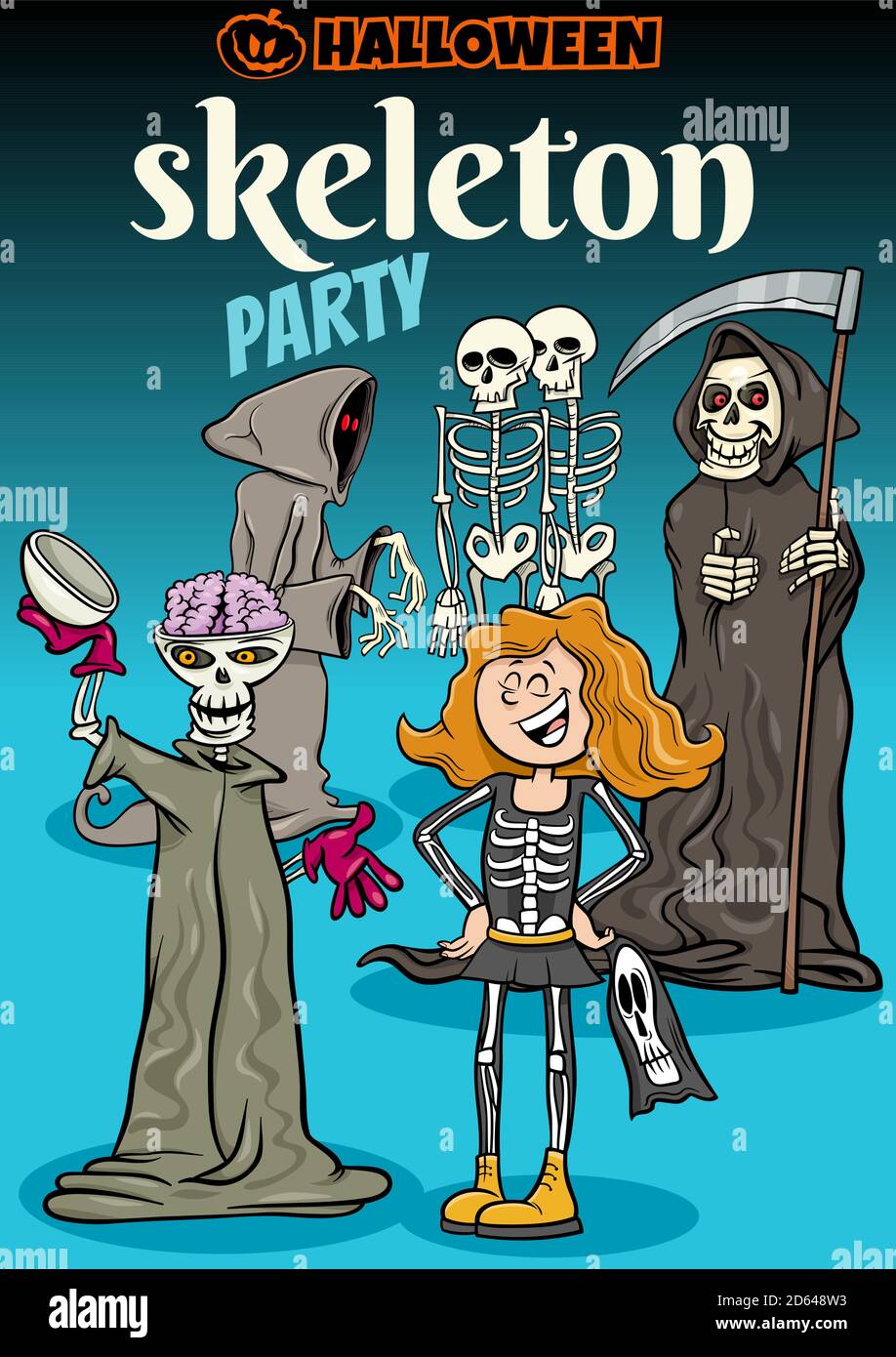 Cartoon Illustration of Halloween Holiday Skeleton Party Poster or ...