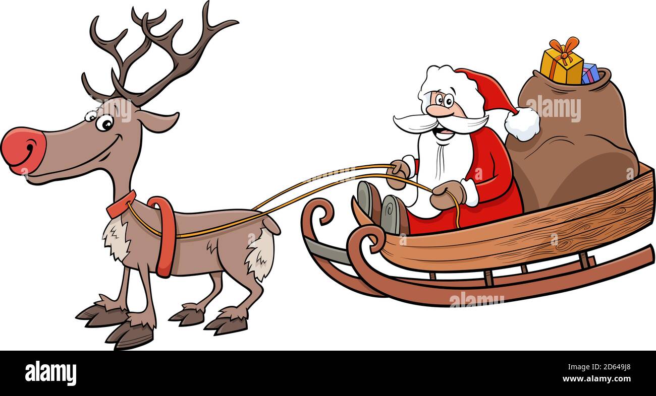 Cartoon Illustration of Santa Claus Christmas Character on Sleigh with ...