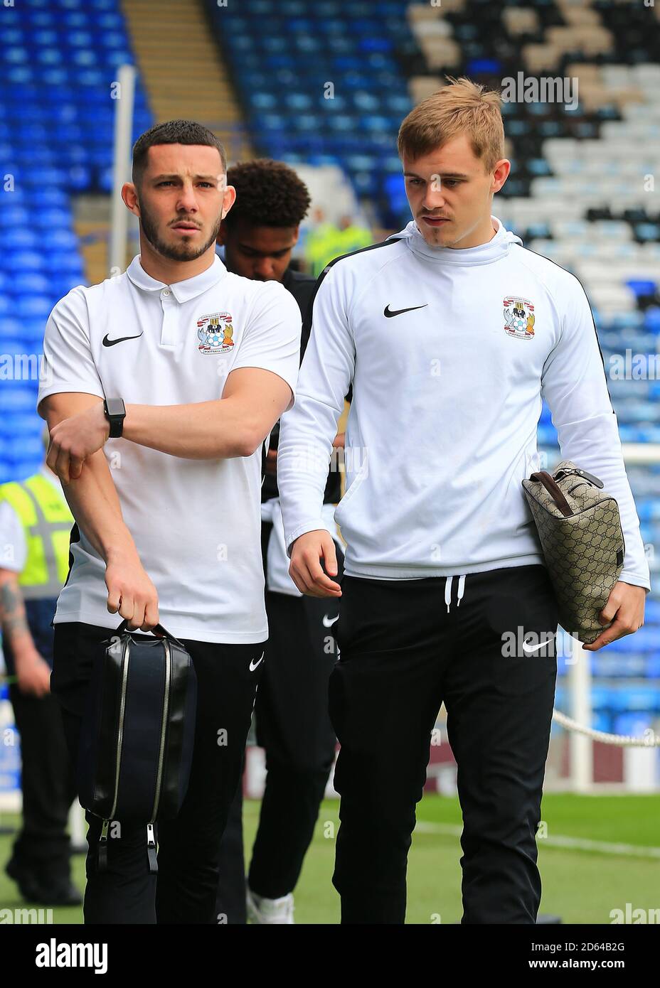 Coventry's Conor Chaplin (left) and Luke Thomas arrive at Fratton Park ...
