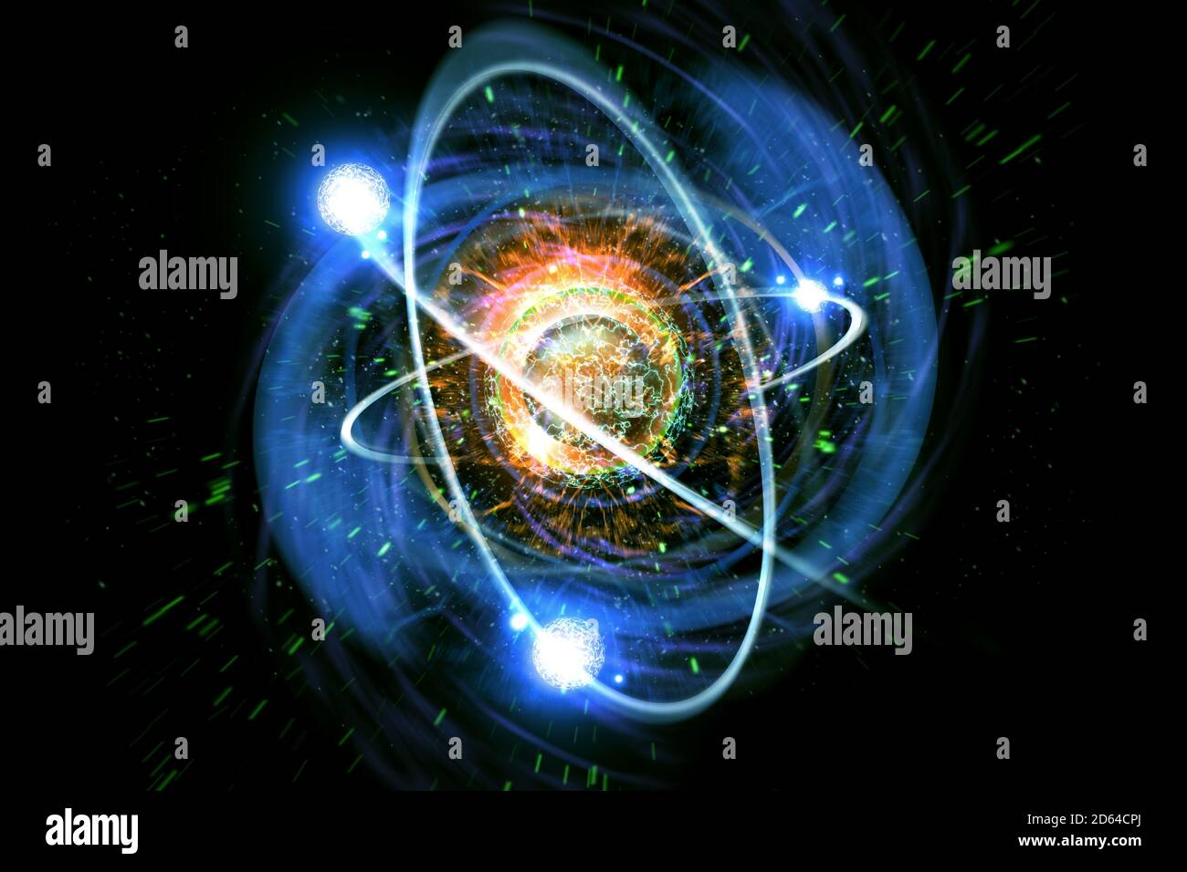 Close up of colorful atomic particle background science 3D illustration ...