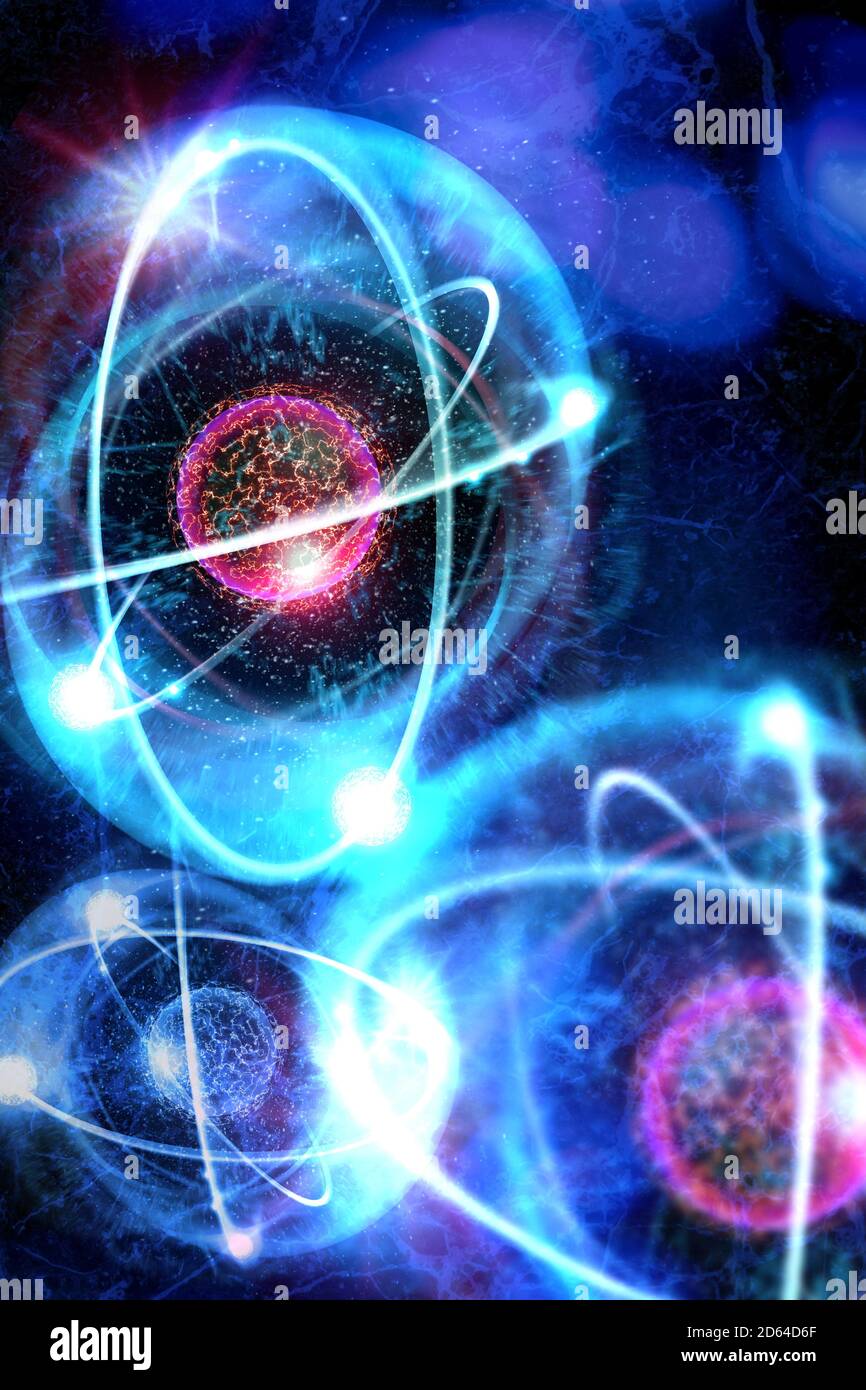 Close up of colorful atomic particle background science 3D illustration ...