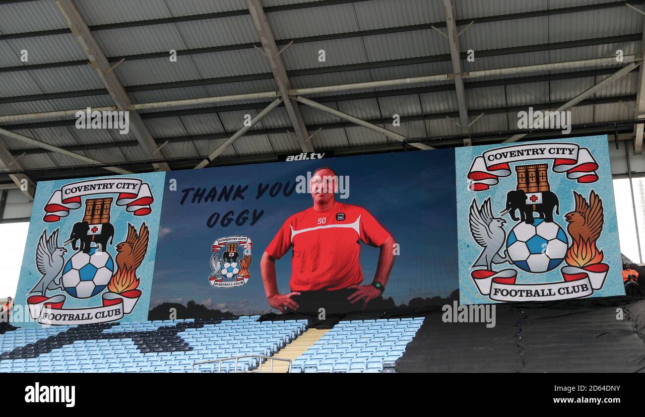 A banner thanking Coventry City goalkeeping coach Steve Ogrizovic Stock ...