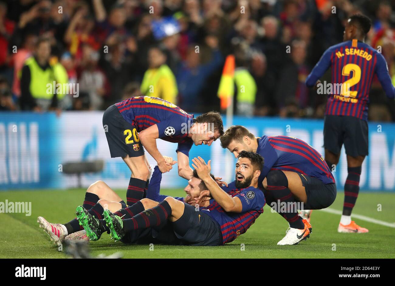 Barcelona's Lionel Messi (centre) celebrates scoring his side's third ...