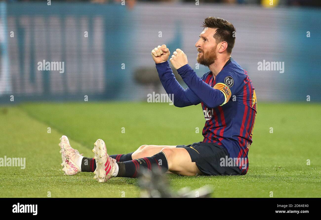 Barcelona's Lionel Messi celebrates scoring his side's third goal of ...