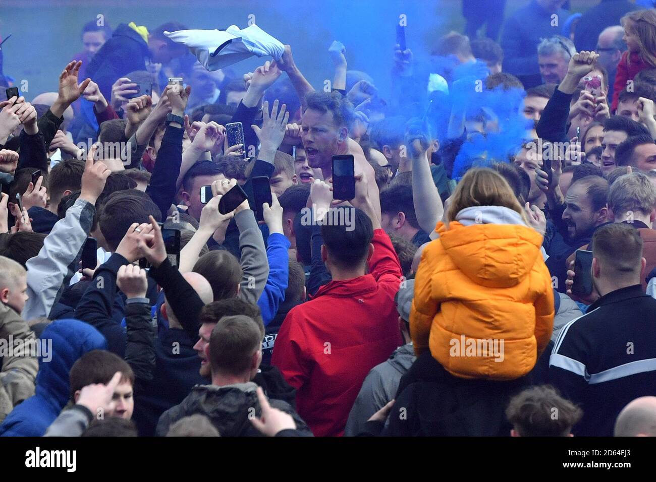 BuryÂ’'s Adam Thompson celebrates with Bury fans as they are promoted ...
