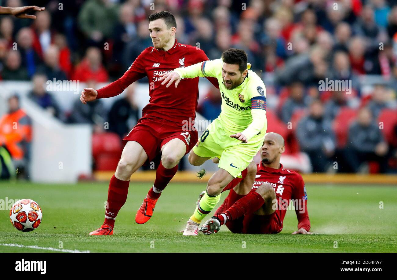 Liverpool's Andrew Robertson (left) and Barcelona's Lionel Messi (right ...