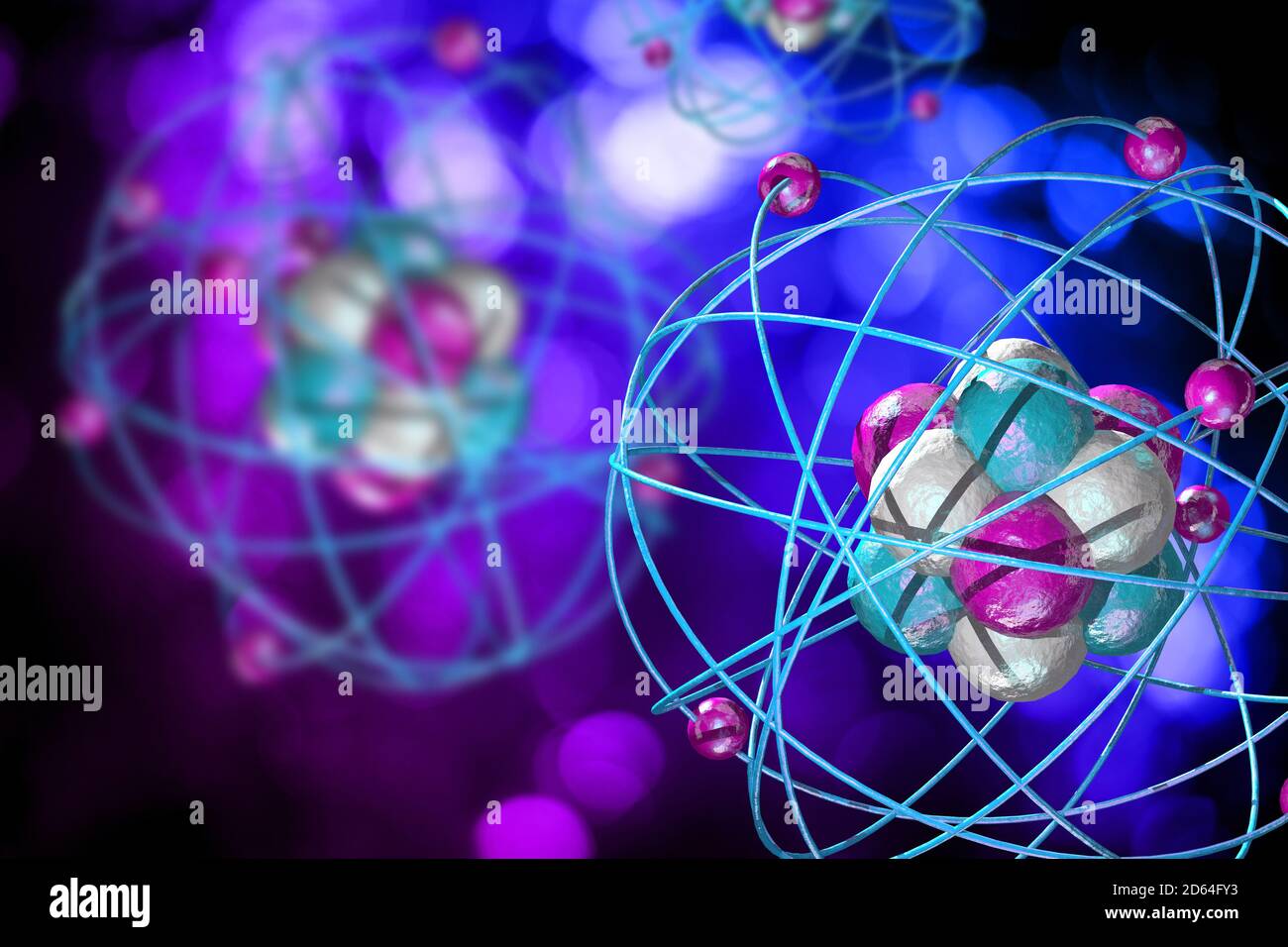 Close up of colorful atomic particle background science 3D illustration ...