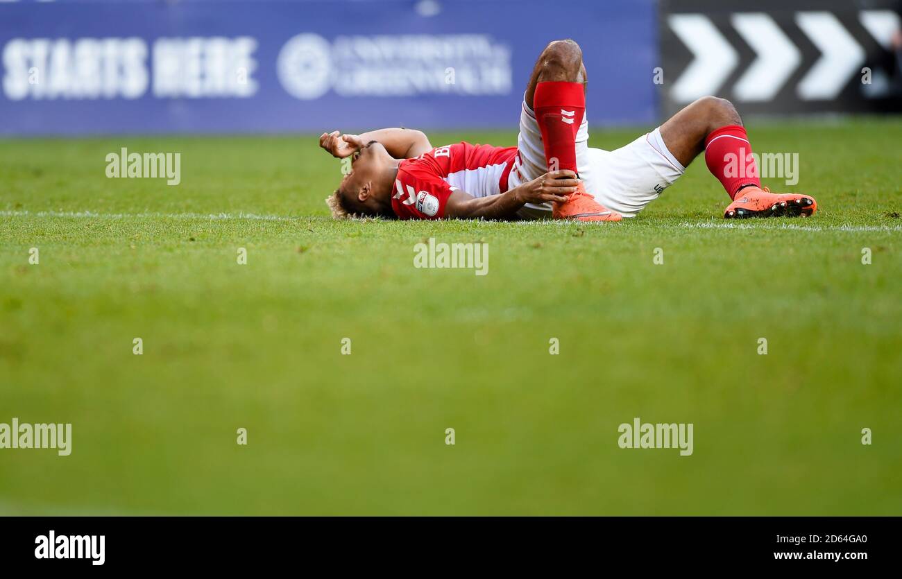 Charlton Athletic's Lyle Taylor lies injured on the floor Stock Photo ...