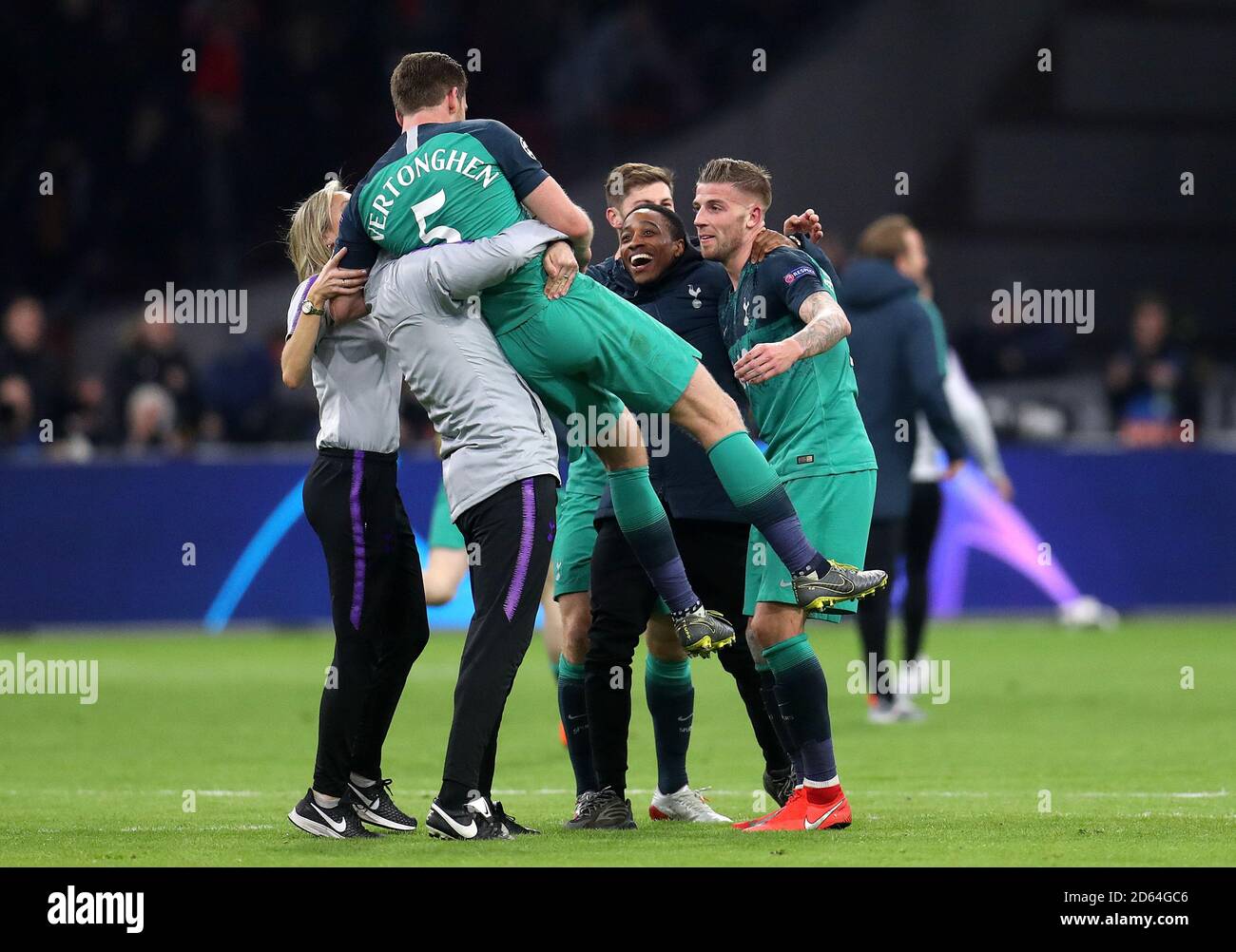 Tottenham Hotspur's Jan Vertonghen is lifted by his team-mates and ...