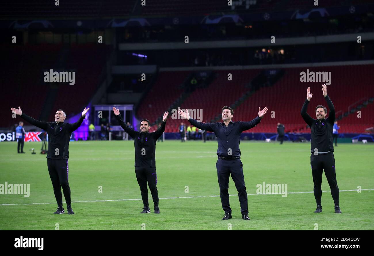 Tottenham Hotspur manager Mauricio Pochettino celebrates with his staff ...