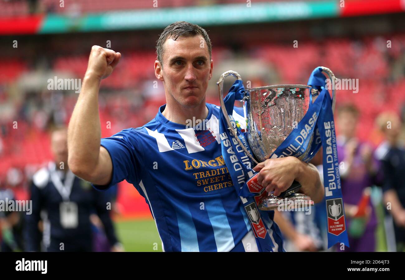 Chertsey Town's John Pomroy celebrates with the FA VaseTrophy Stock ...