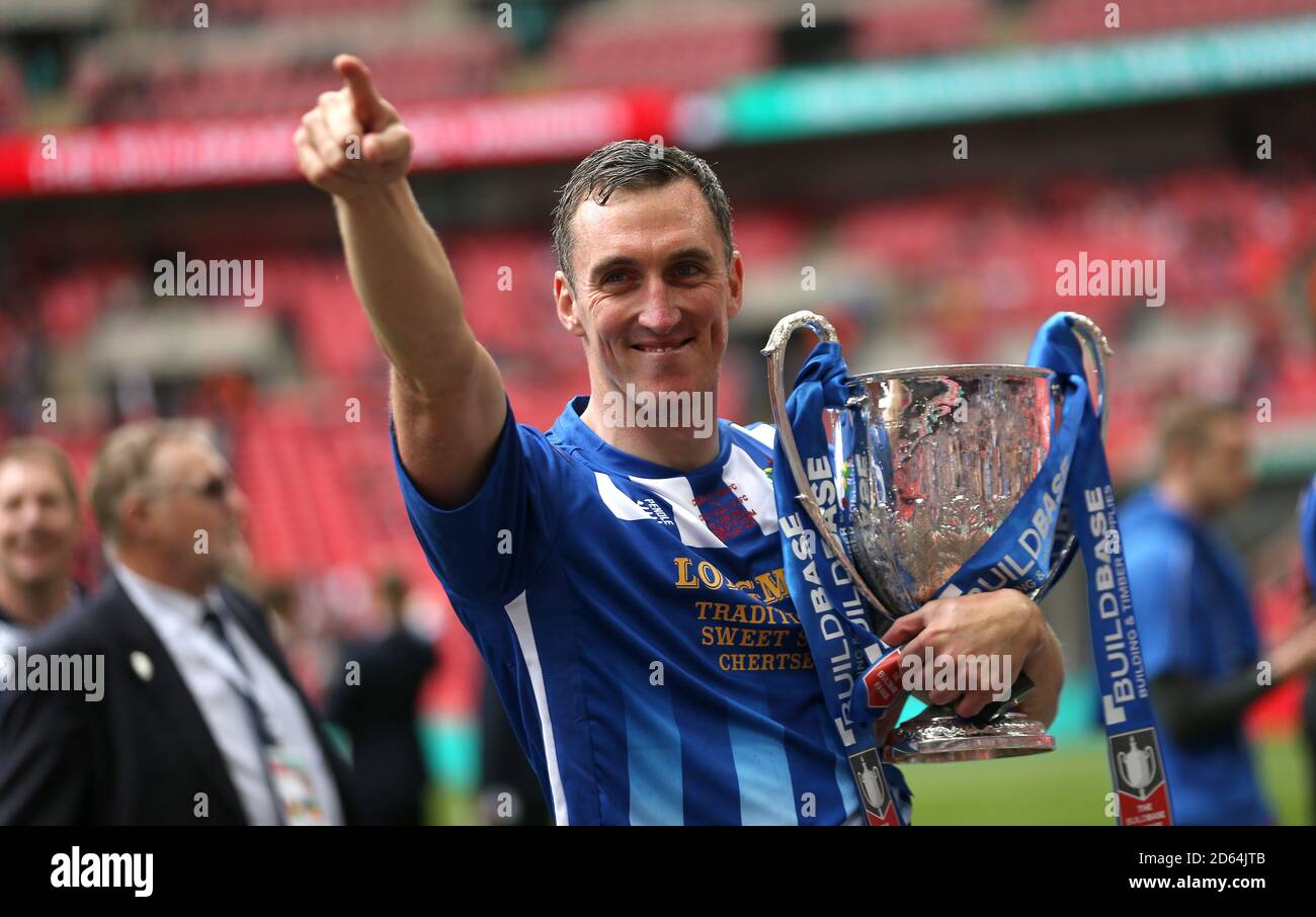 Chertsey Town's John Pomroy celebrates with the FA VaseTrophy Stock ...