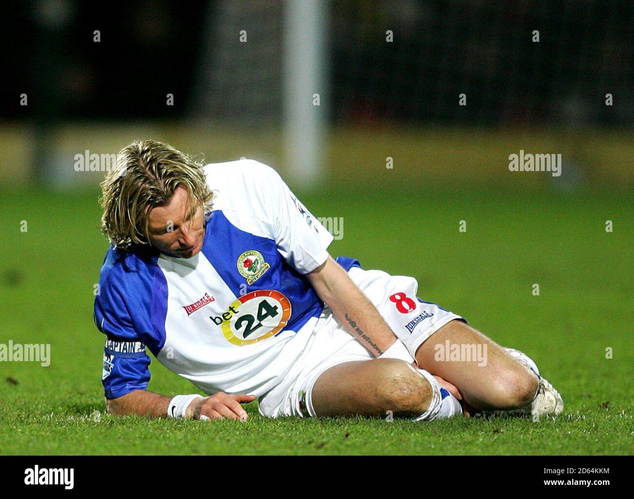 Blackburn rovers robbie savage lies injured on the pitch hi-res stock ...