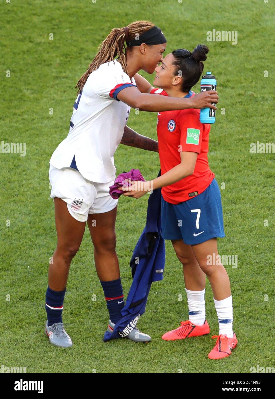 USA's Jessica McDonald (left) and Chile's Maria Jose Rojas embrace ...
