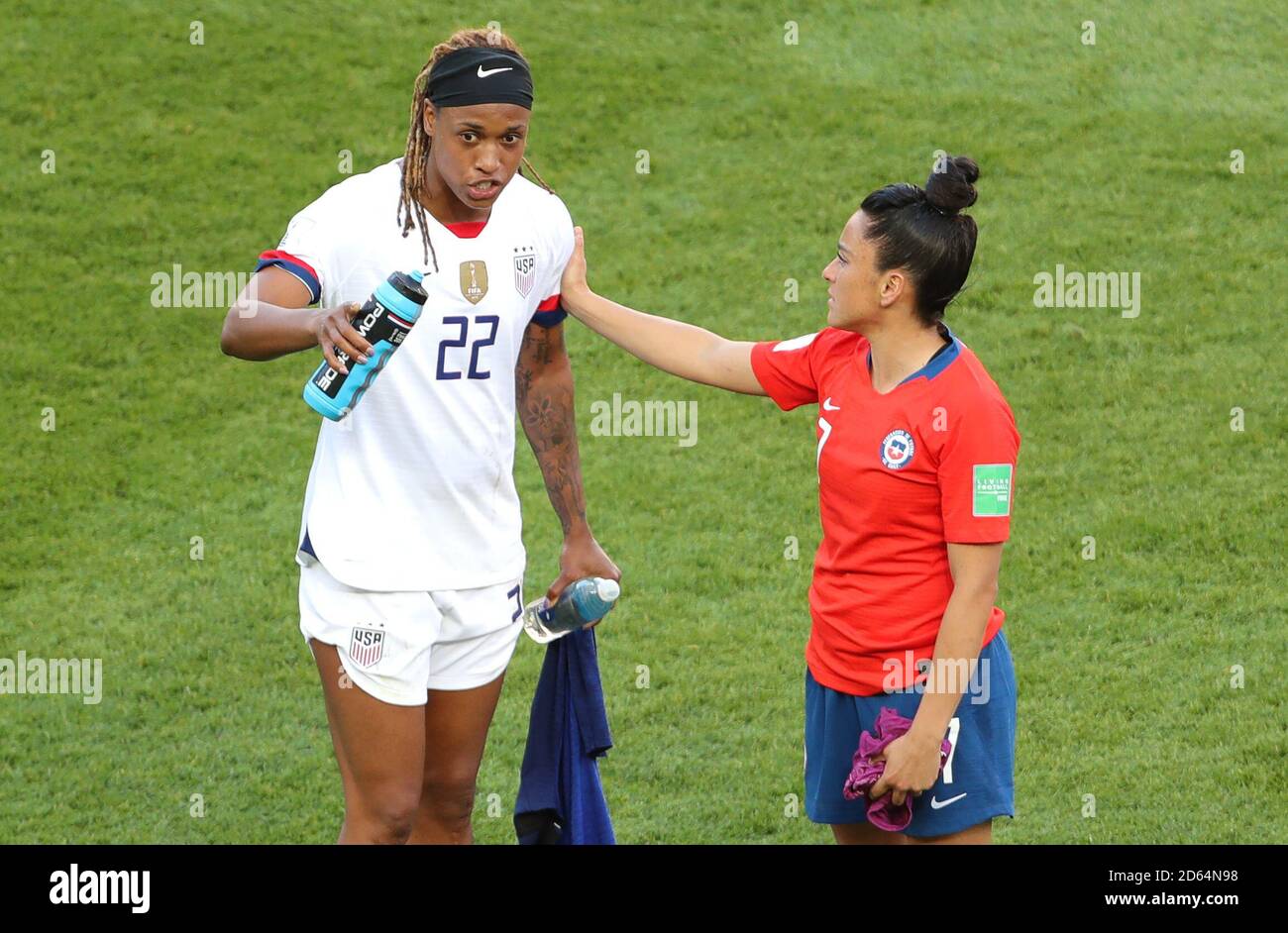 USA's Jessica McDonald (left) and Chile's Maria Jose Rojas speak after ...