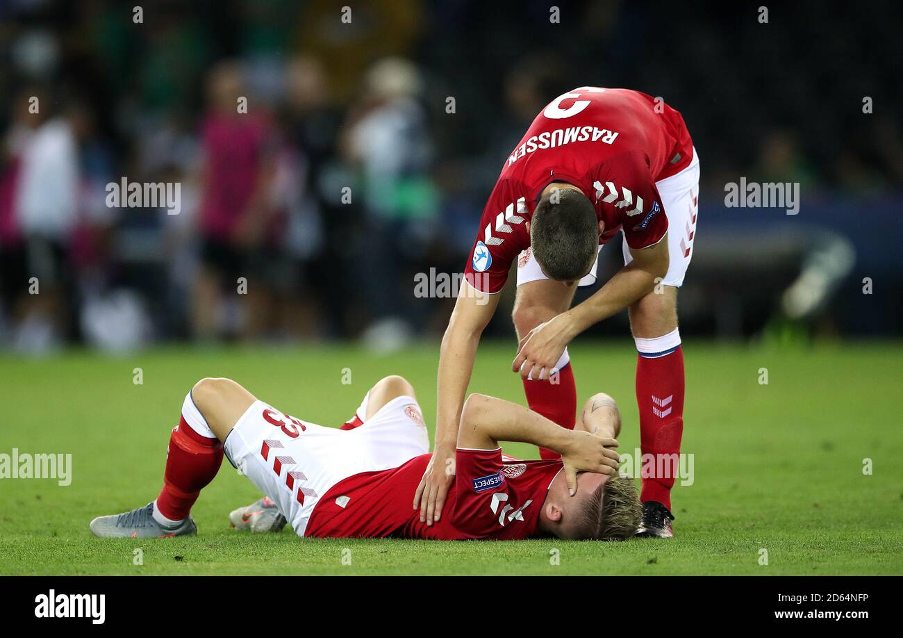 Denmark's Mads Pedersen (left) and Jacob Rasmussen reacts after the ...