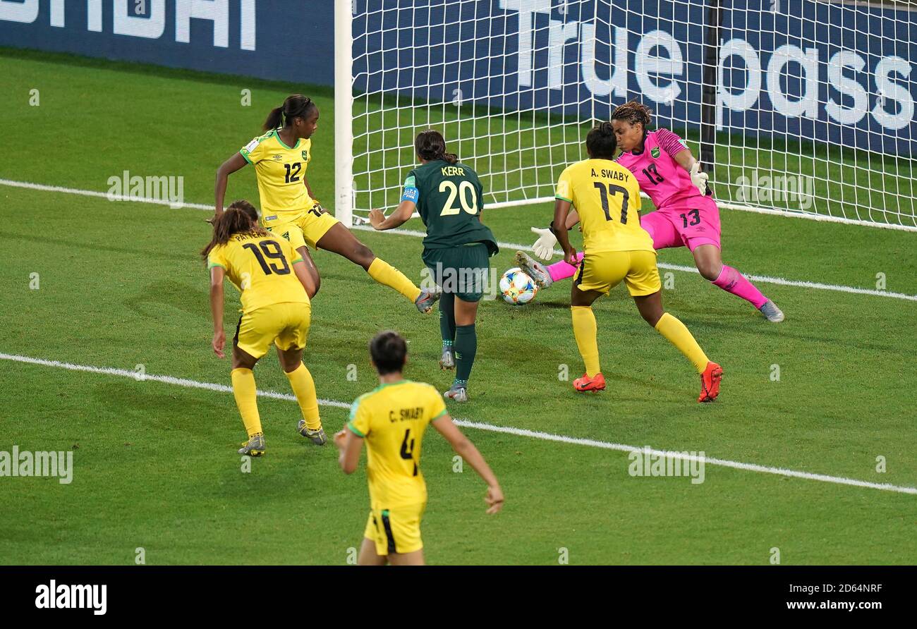 Australia's Sam Kerr (centre) scores her side's third goal of the game ...