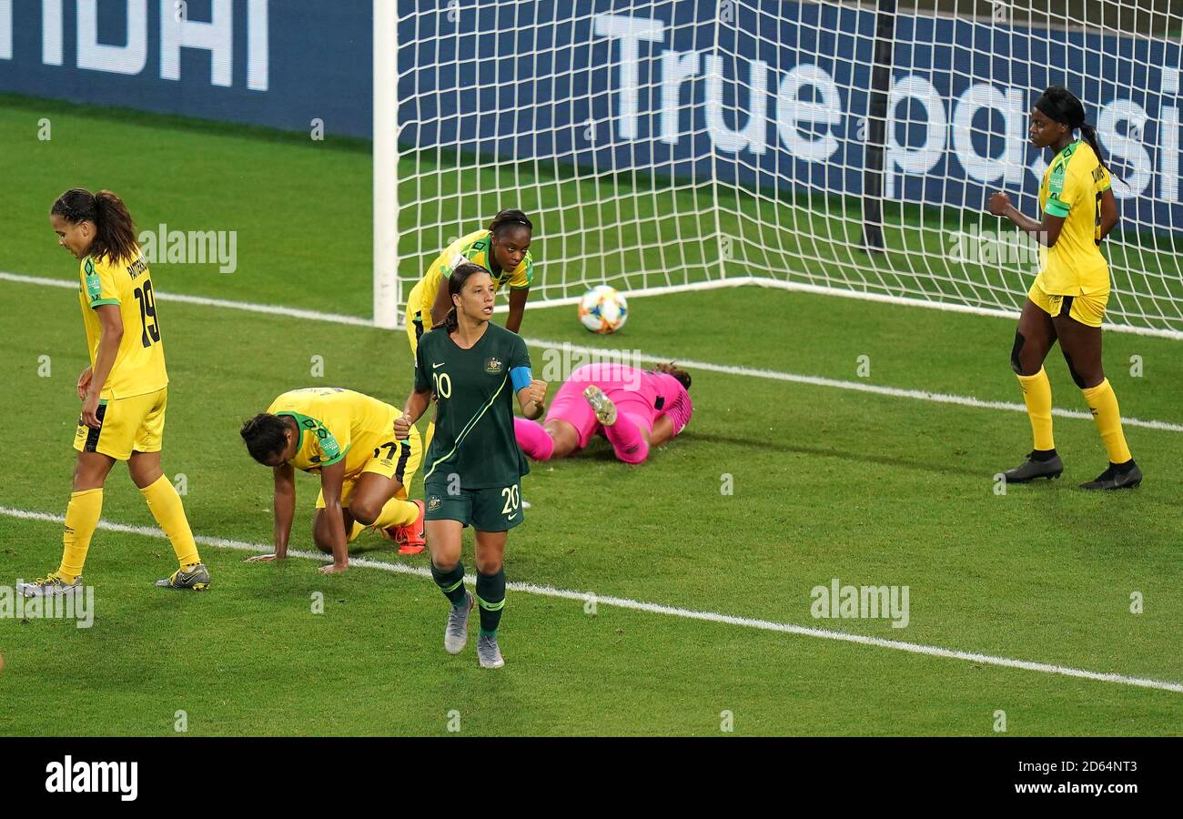 Australia's Sam Kerr (centre) celebrates her side's third goal of the ...