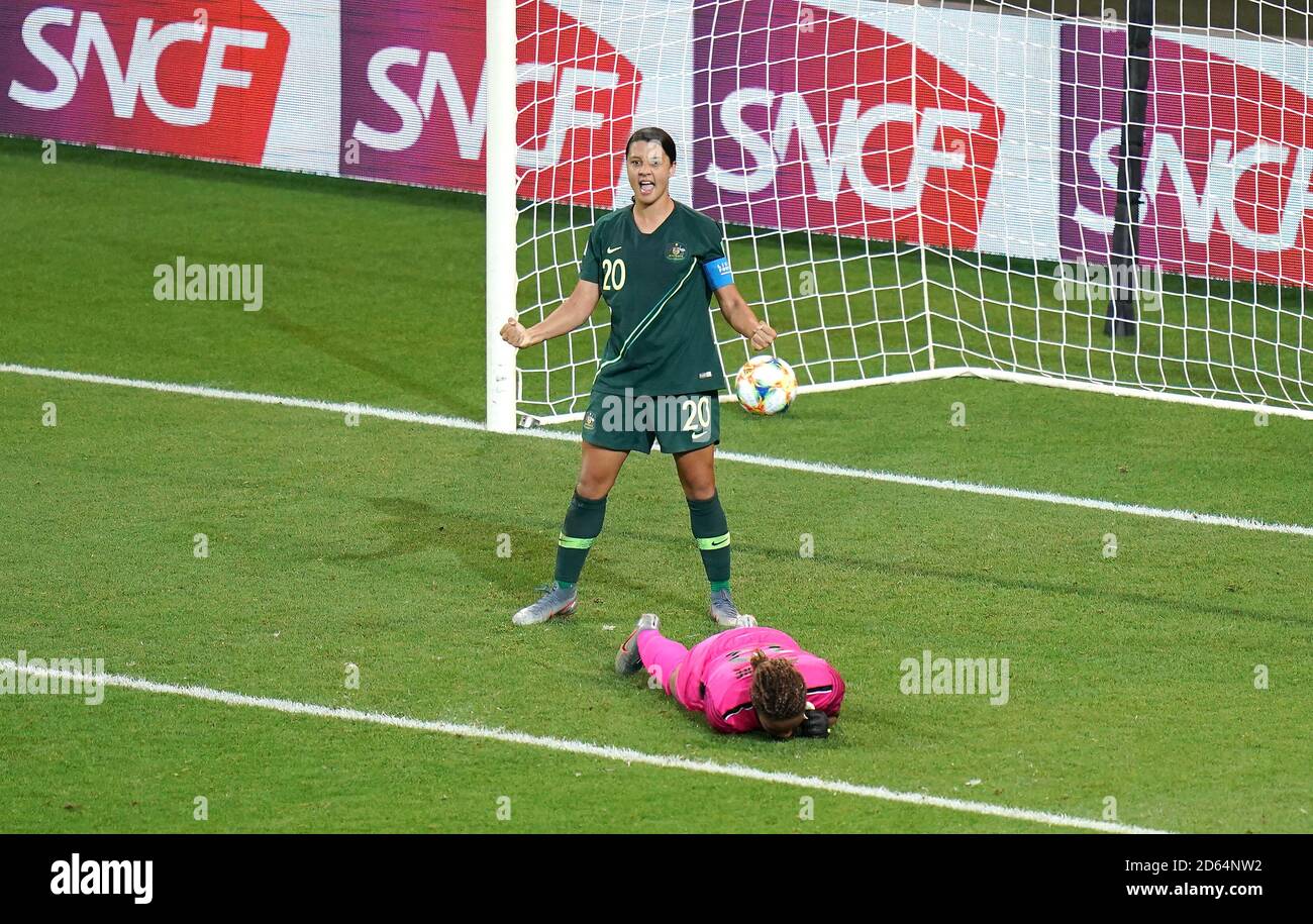 Australia's Sam Kerr (left) celebrates her side's fourth goal of the ...