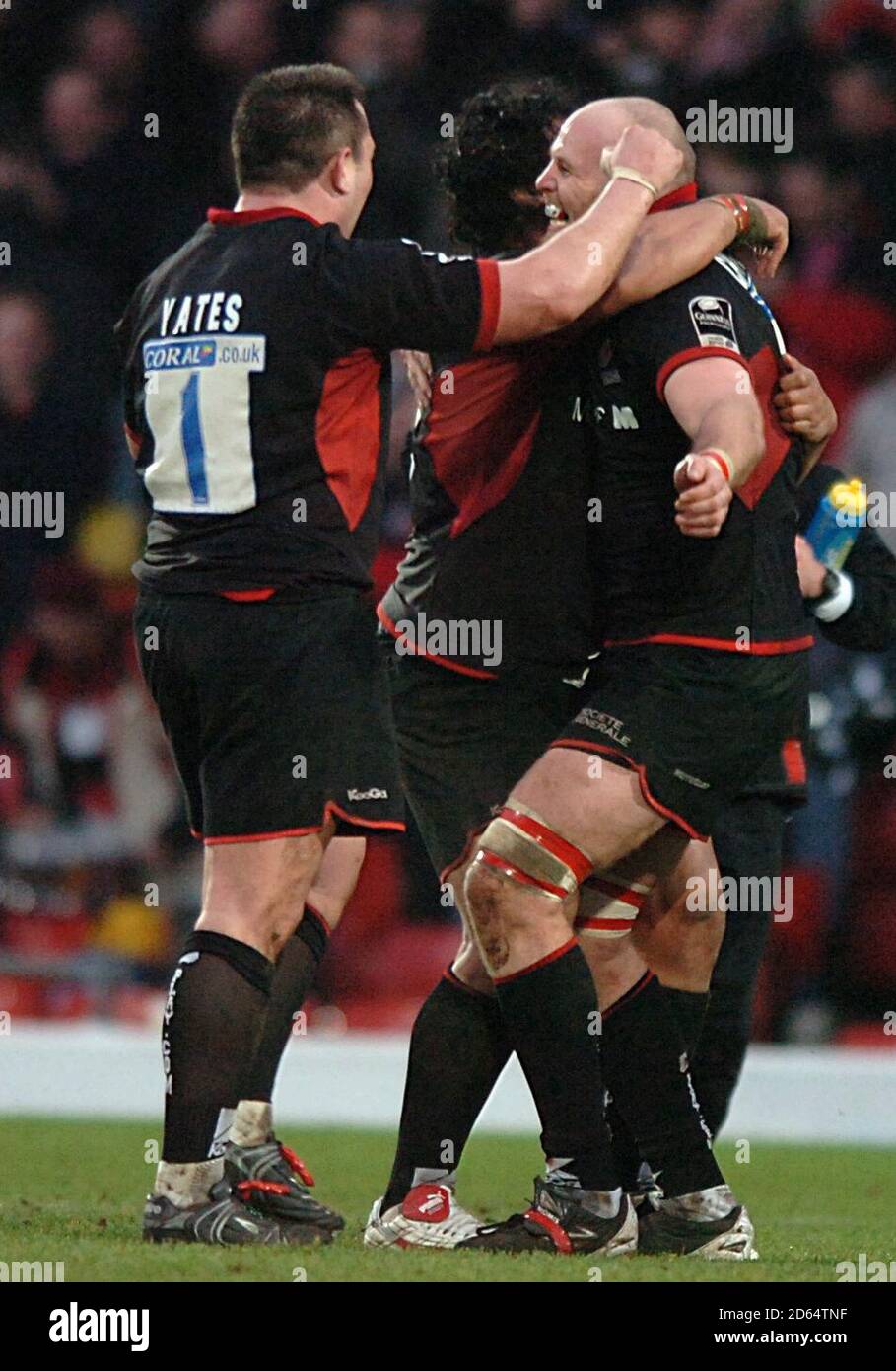 Saracens players celebrate a last minute reversal in fortune following ...