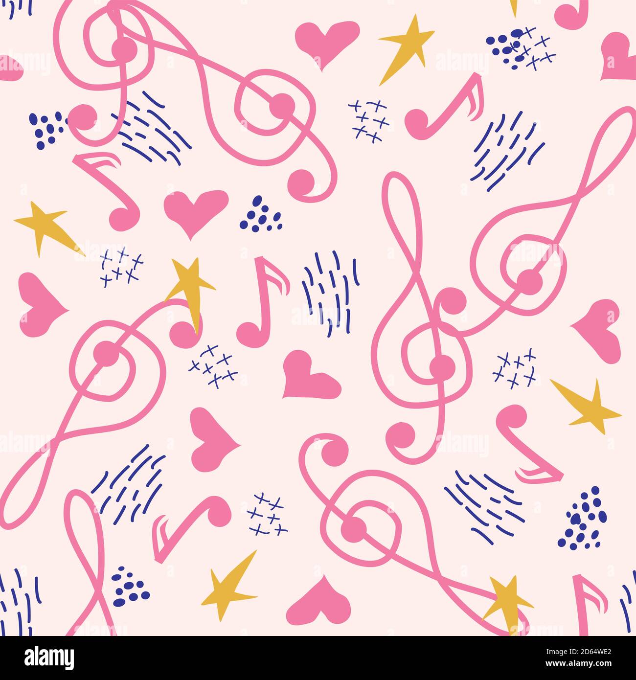 Treble clef, notes, heart, stars, abstract elements seamless pattern in ...