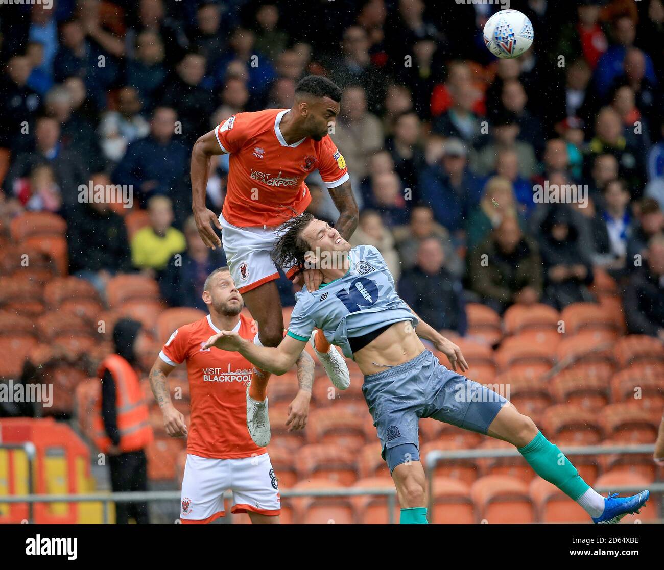 Blackpool's Curtis Tilt and Blackburn Rovers' Sam Gallagher contest a ...